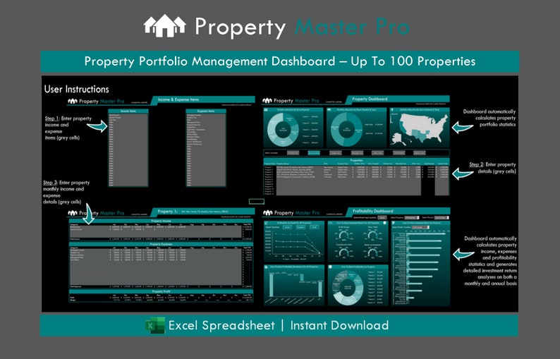Rental Property Management Analysis Excel Spreadsheet, up to 100 Properties, Investment Return ...