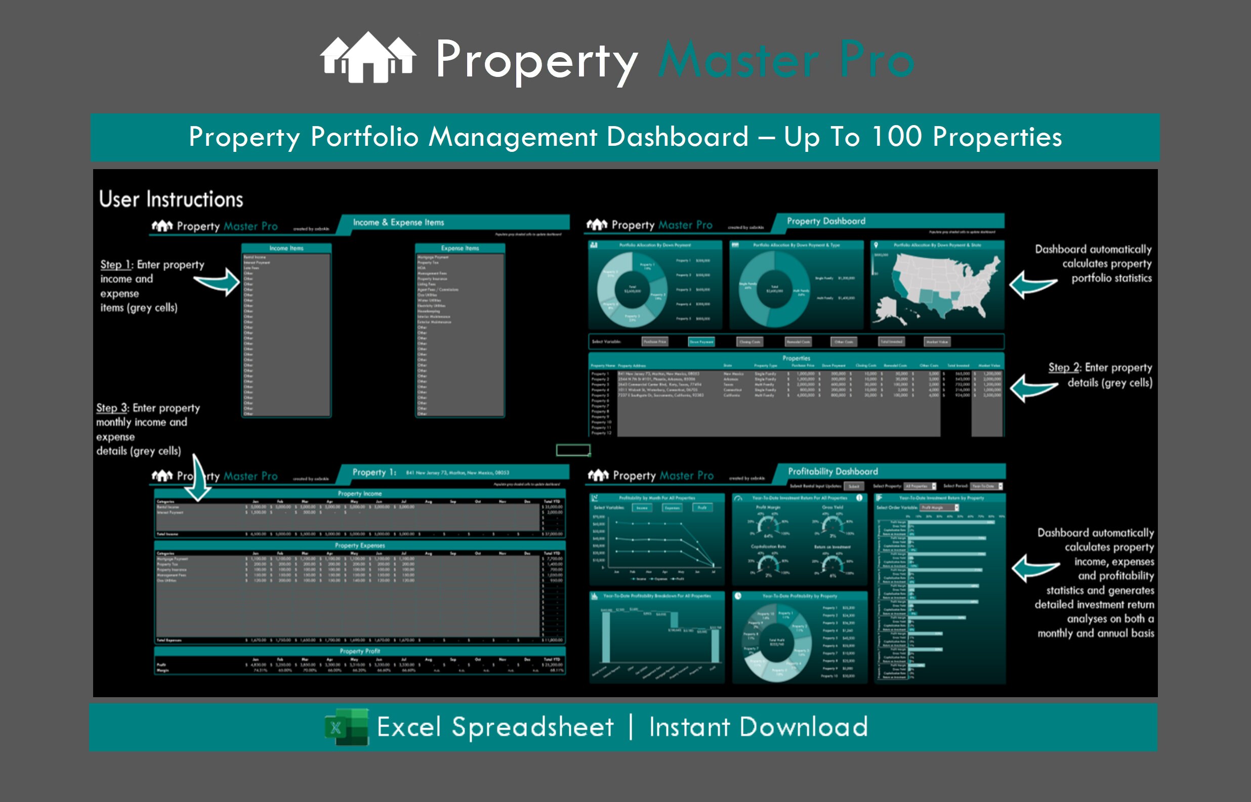 Rental Property Management Analysis Excel Spreadsheet, up to 100 ...