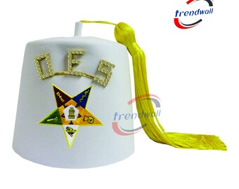 Order of Eastern Star Masonic OES White Fez Hat With Yellow Tassel New ...
