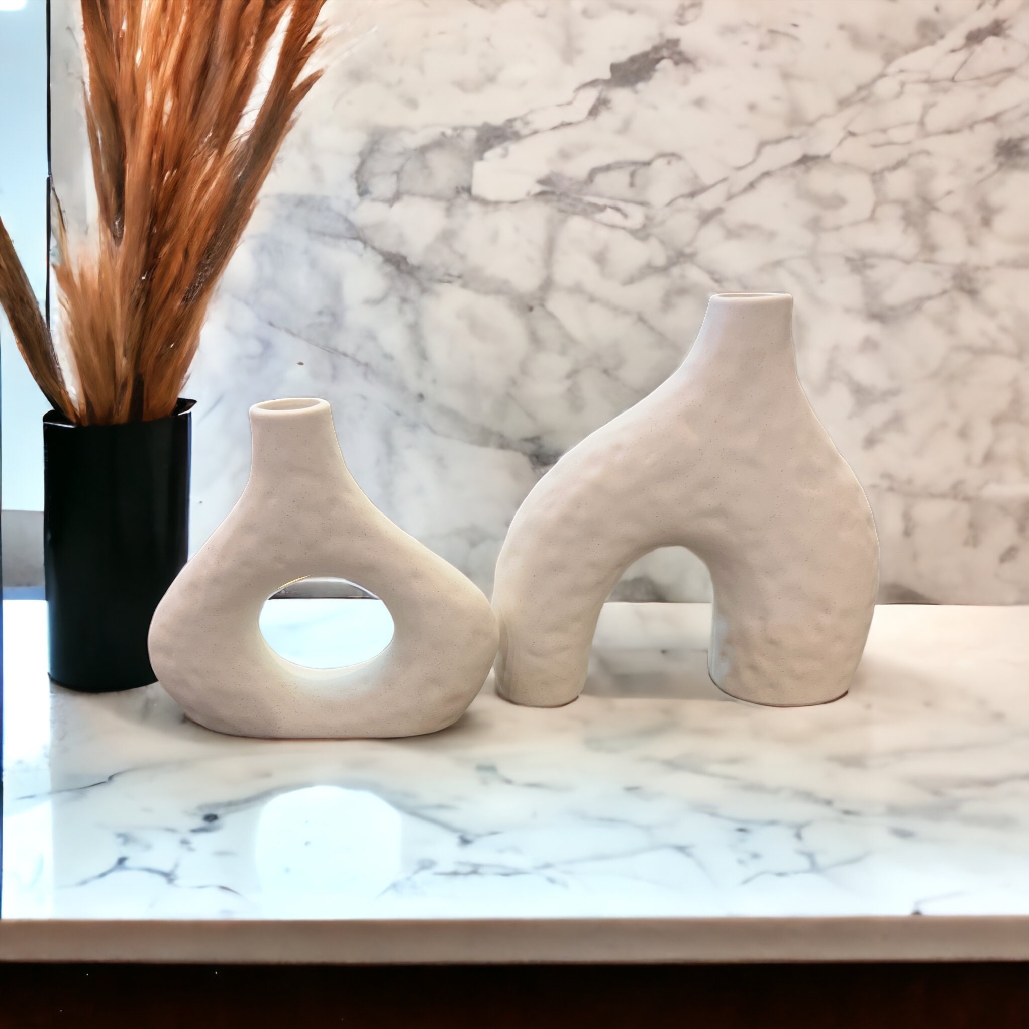 Nordic Set of 2, U-shaped & Ring Shaped Natural Unglazed Hammered ...