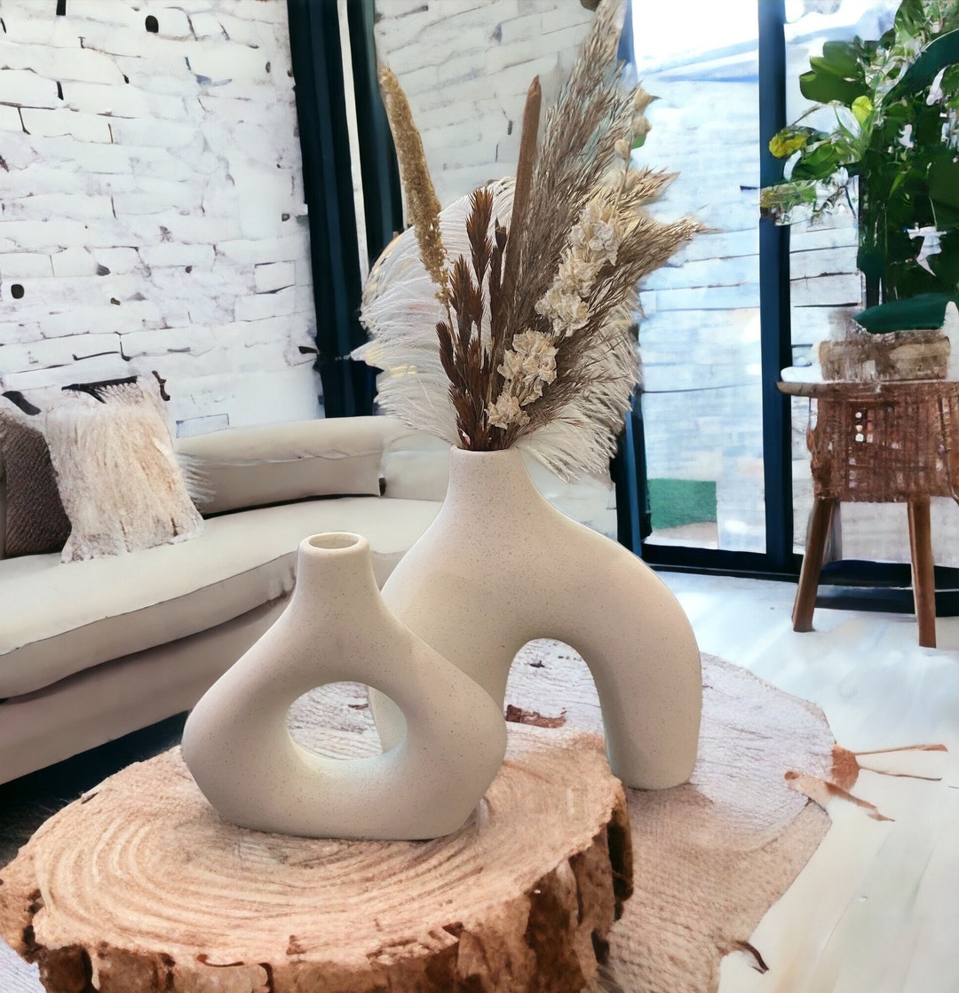 Nordic Set of 2, U-shaped & Ring Shaped Natural Unglazed Art Ceramic ...