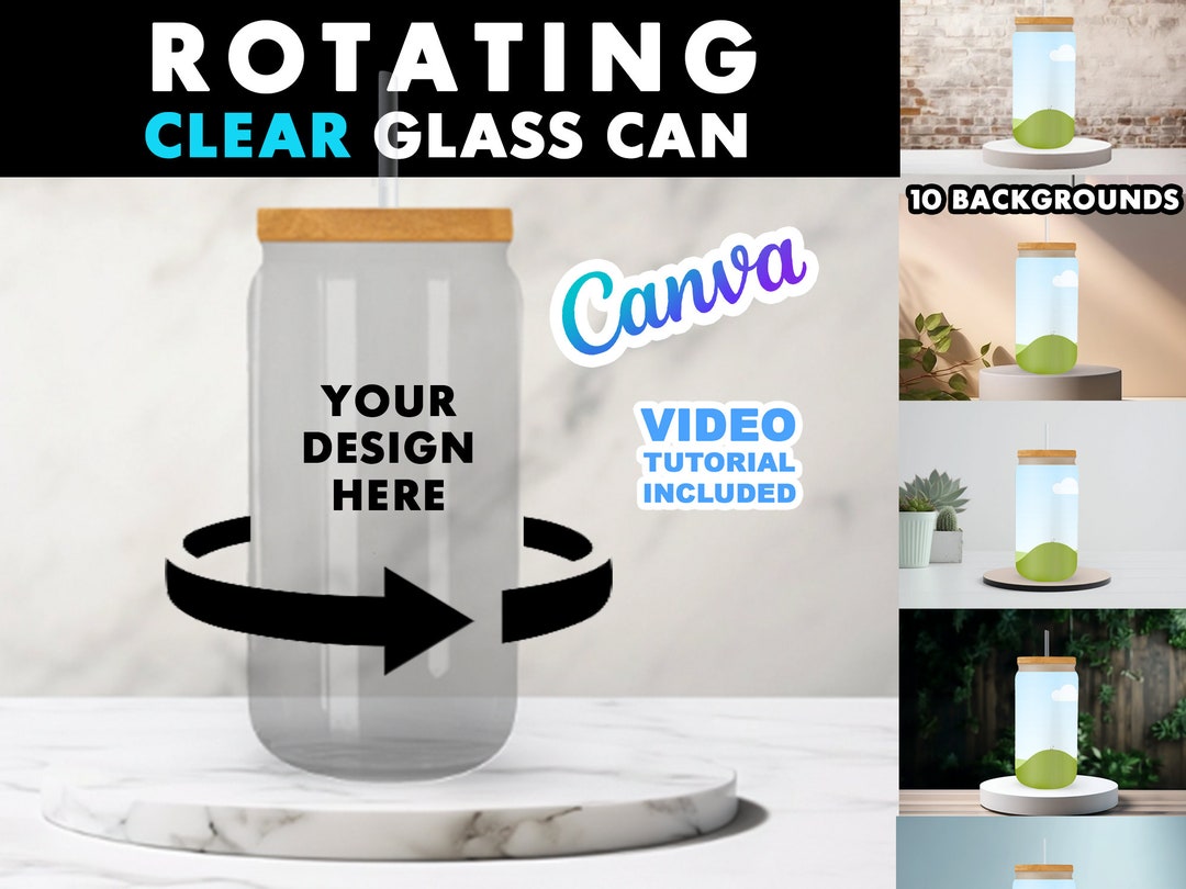 Rotating 16oz Clear Libbey Glass Can Canva Mock up - Easy Edit in CANVA ...