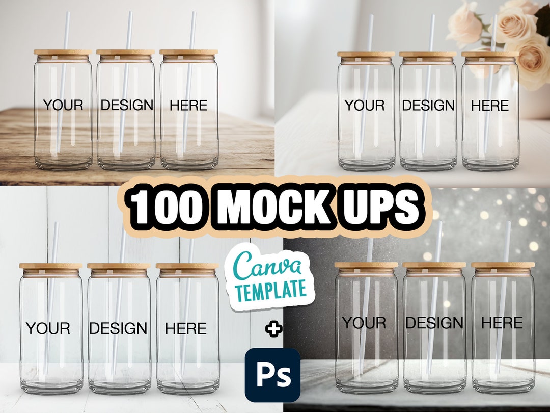 100 Clear 16oz Libbey Glass Can Mock Ups Canva Templates AND PSD - Edit ...