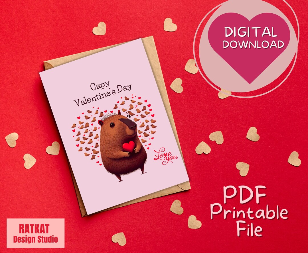 Capybara Valentine's Day Card Instant DOWNLOABLE Pdf Digital CARD for ...