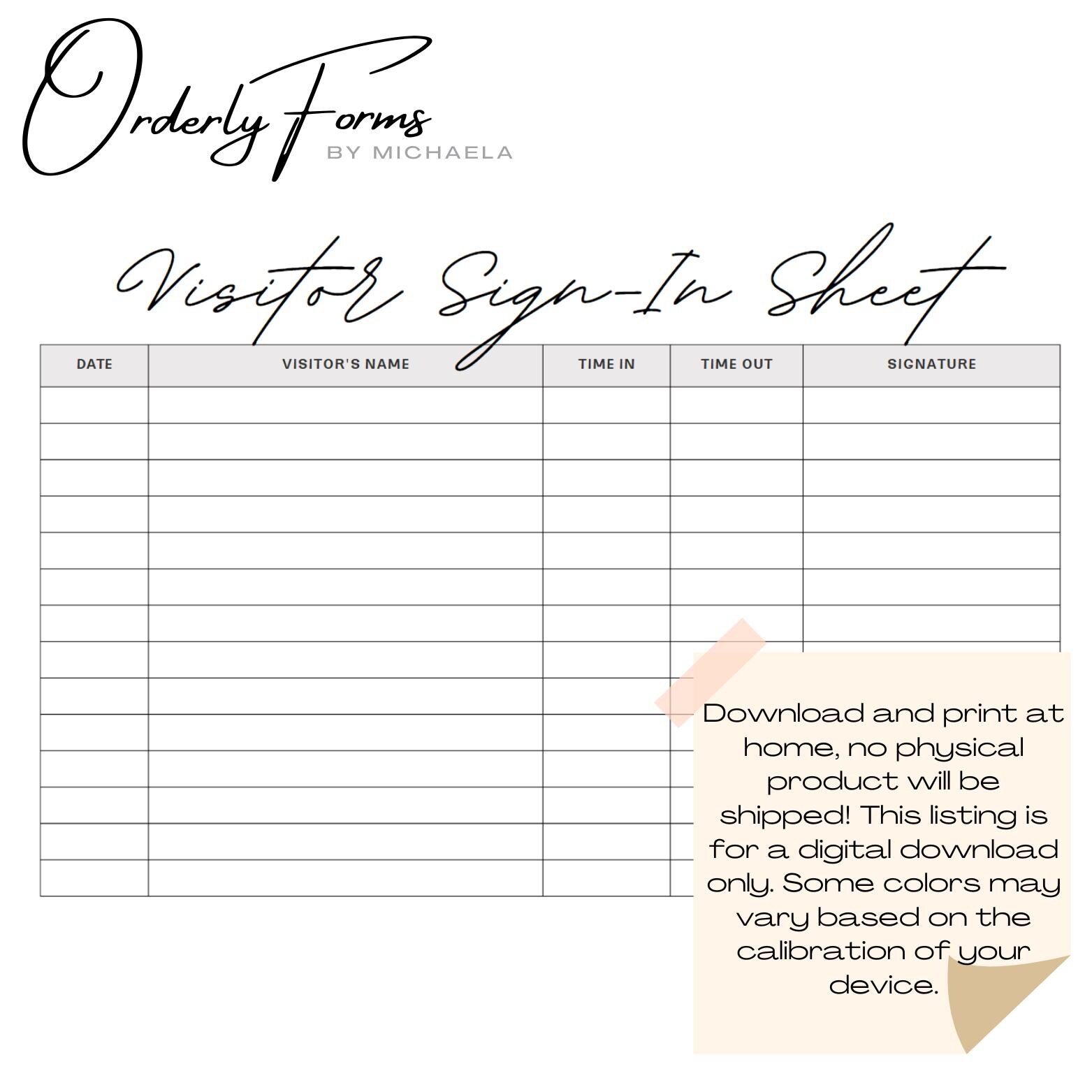 Visitor Sign In, Sign in Sheet, Guest List, Event Planner, Visitor Log ...