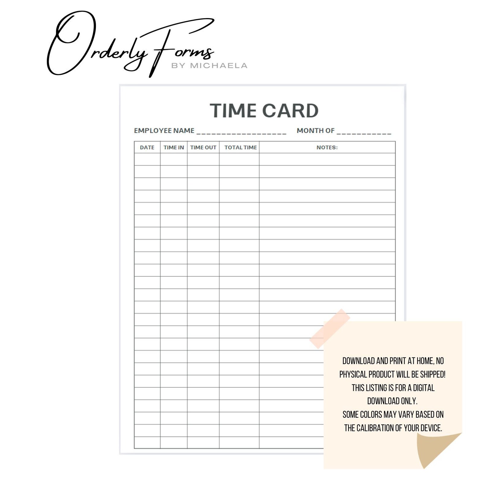 Time Card Printable, Employee Hours, Work Schedule Tracker, Work Log ...