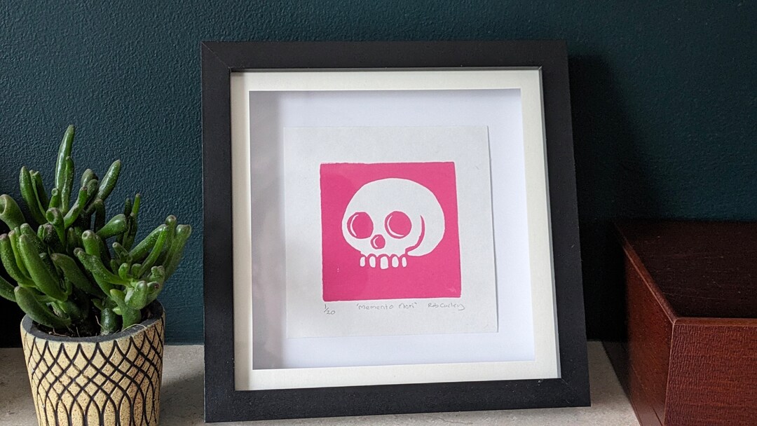 Memento Mori Skull Linocut Print: Pink Japanese Paper, Limited Edition ...