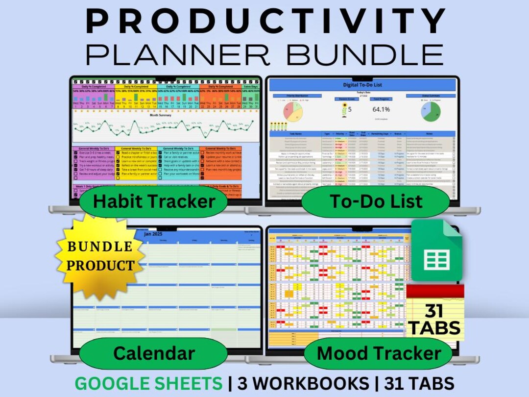 Productivity Planner Bundle | Google Sheets Habit & Mood Tracker ...