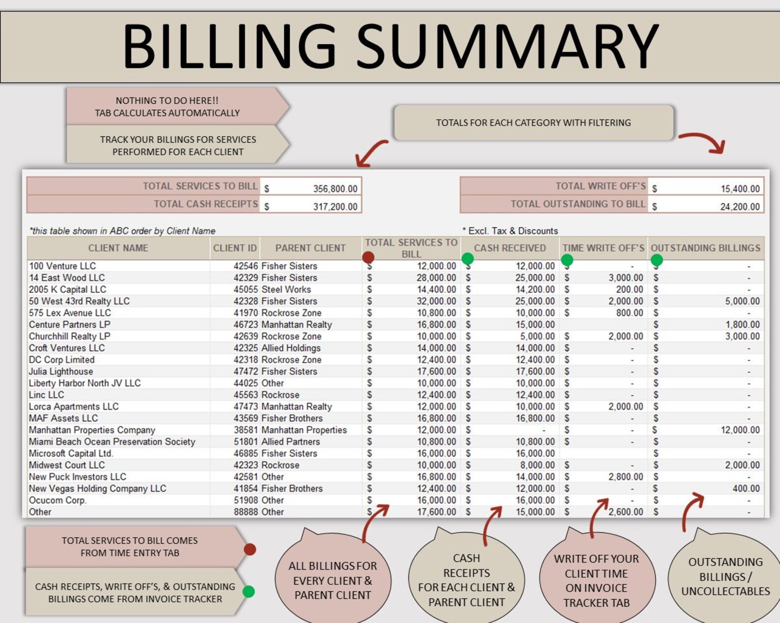 Billable Hour Tracker Excel Client Time Spreadsheet Rate Calculator for Small Business Invoice ...