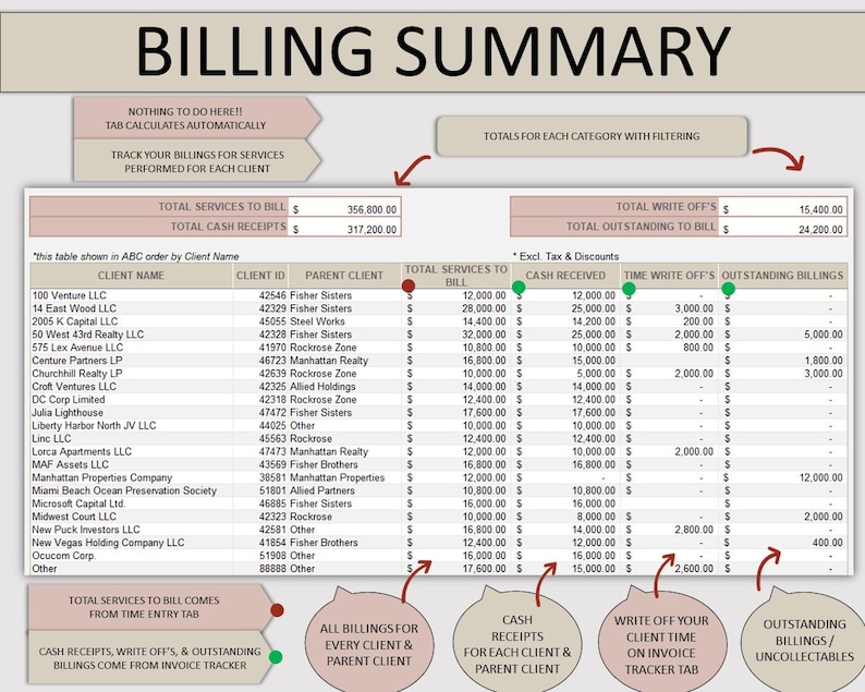Billable Hour Tracker Excel Client Time Spreadsheet Rate Calculator for ...