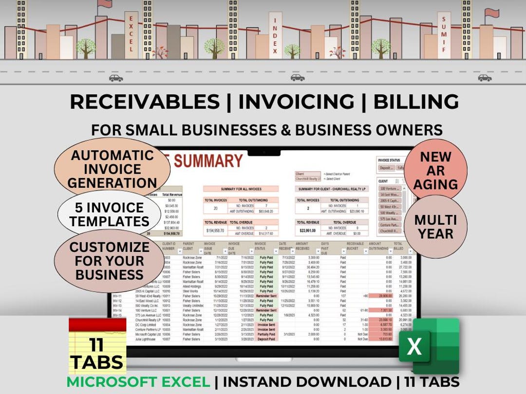 Excel Receivables Invoice & Bill Management Tracker Spreadsheet Client ...