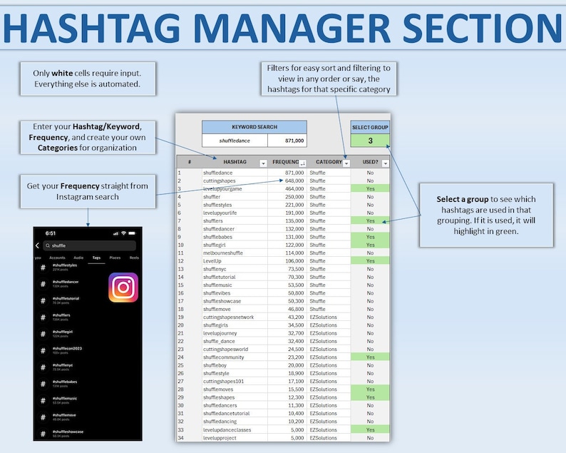 Social Media Excel Hashtag Planner Excel Template Keyword Manager List ...
