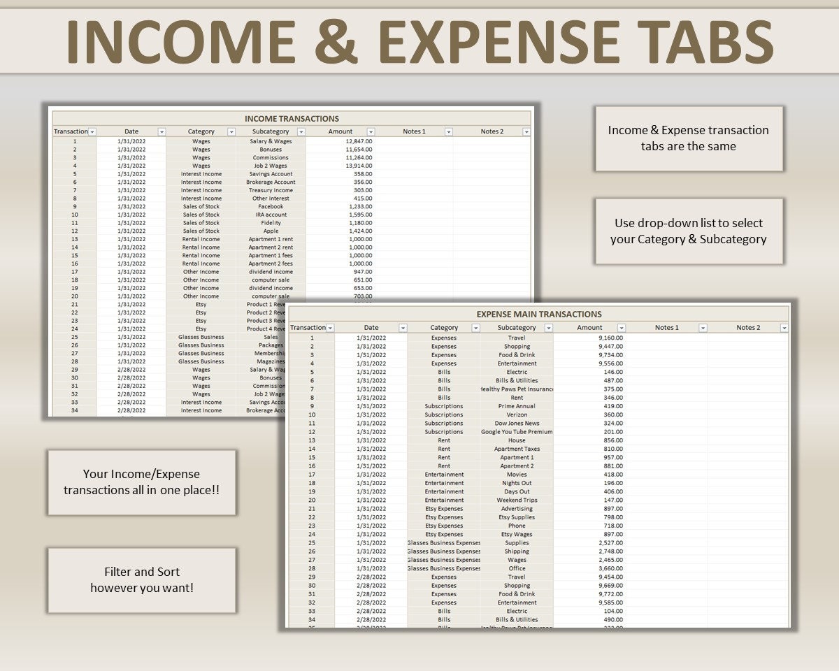 Income, Expense & Analytics Excel Spreadsheet, Personal Business Net ...