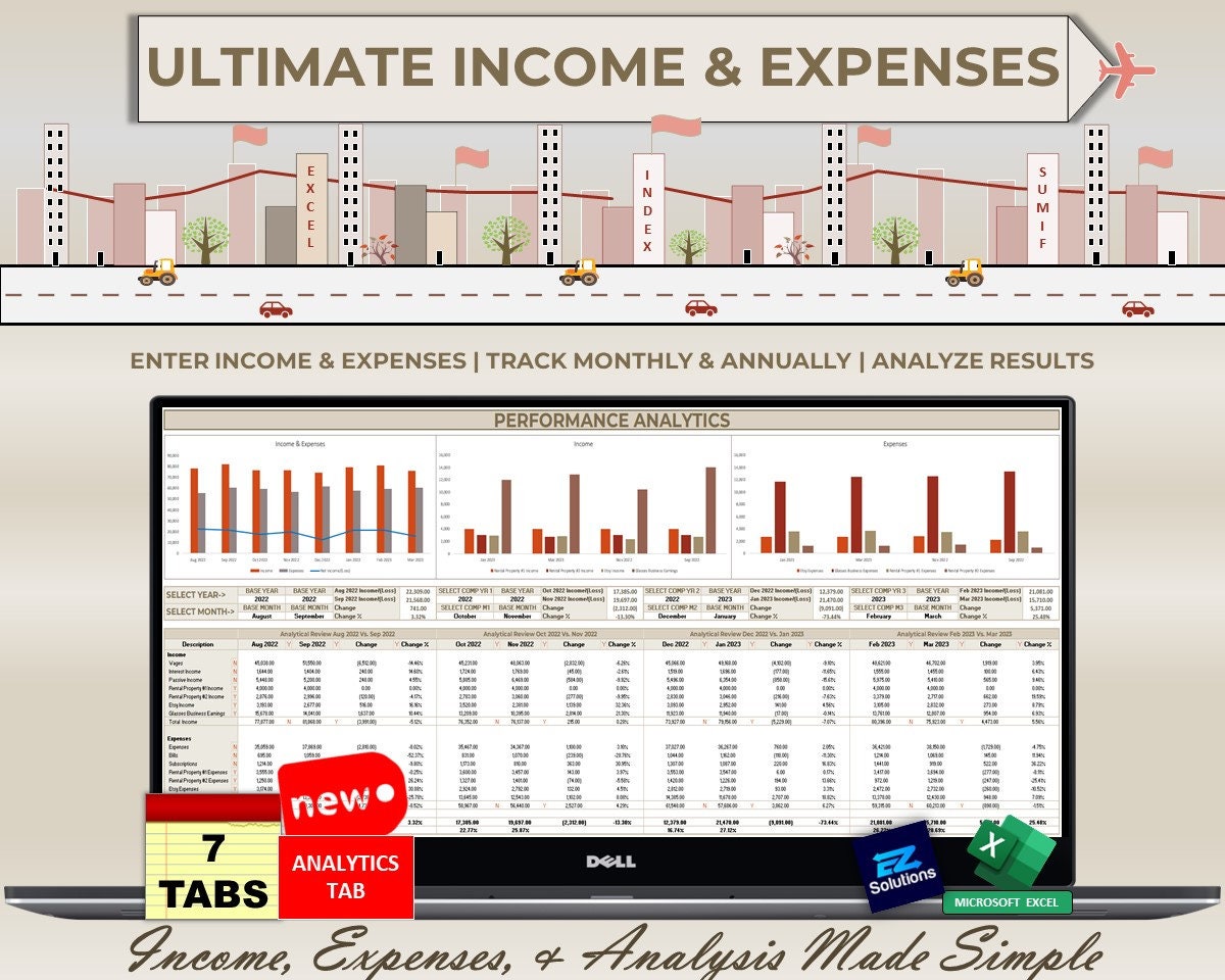 Income, Expense & Analytics Excel Spreadsheet, Personal Business Net ...