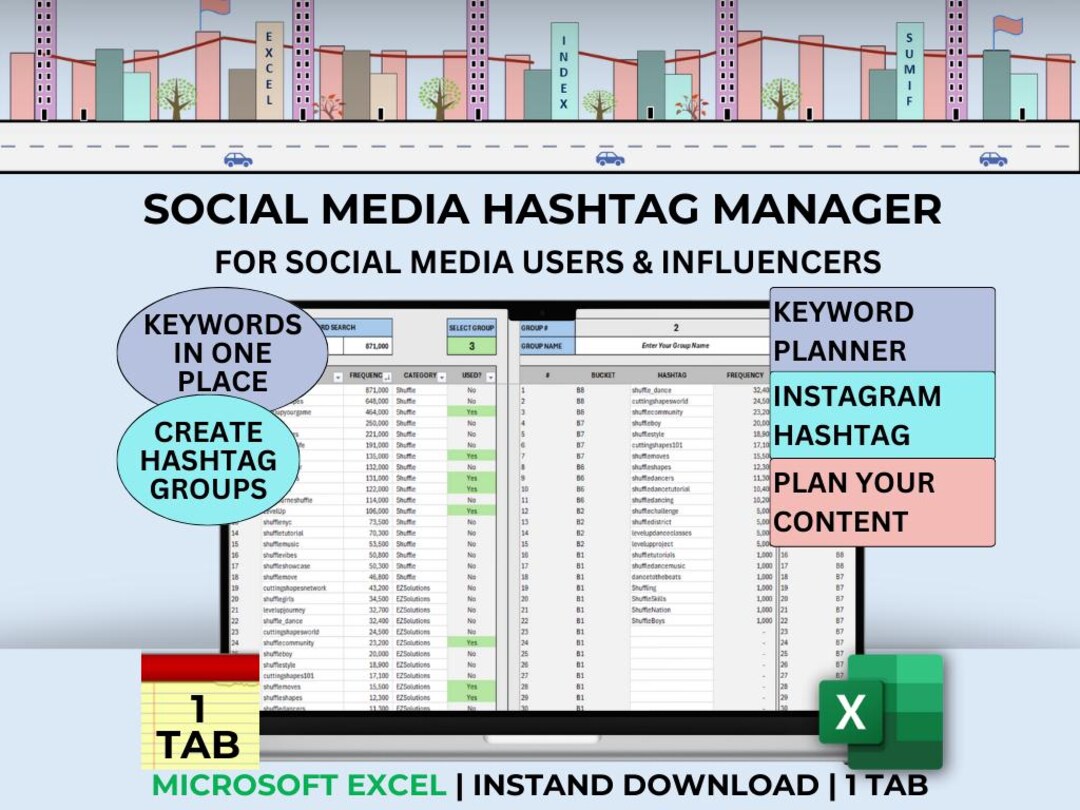 Social Media Excel Hashtag Planner Excel Template Keyword Manager List ...