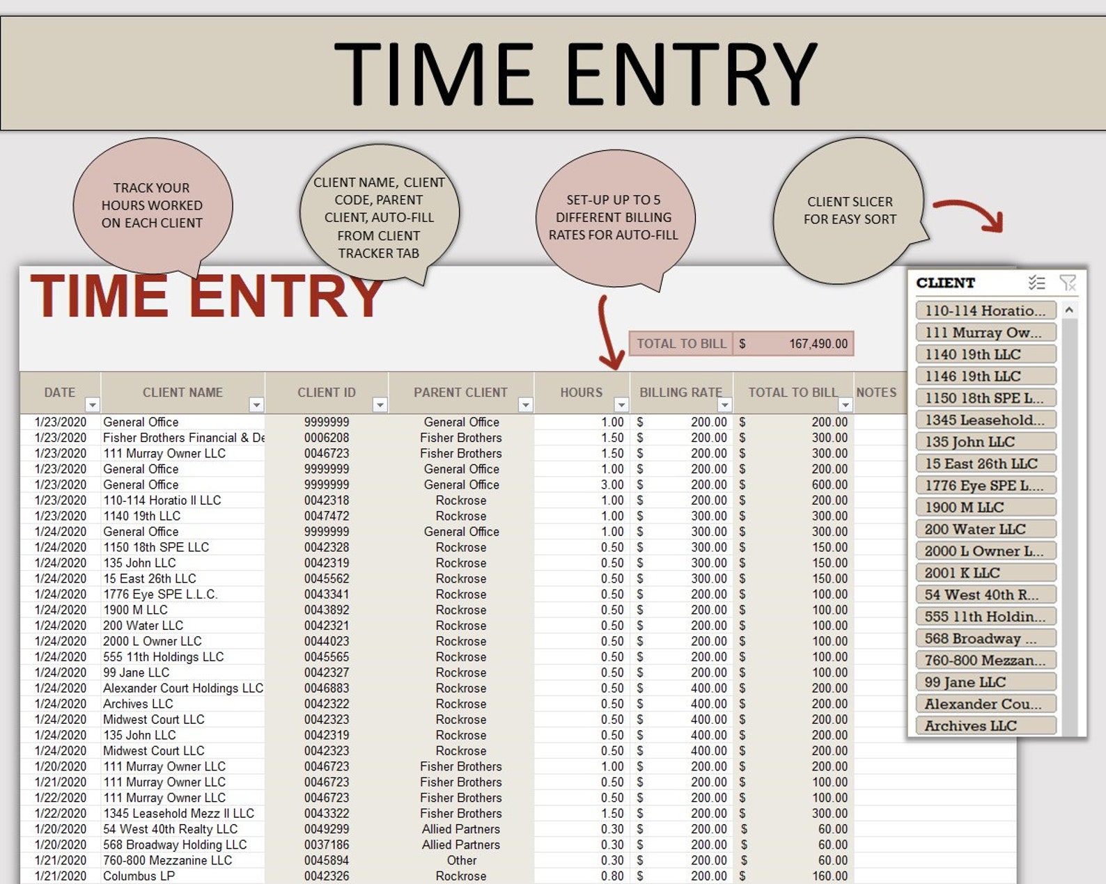 Billable Hour Tracker Excel Client Time Spreadsheet Rate Calculator for ...