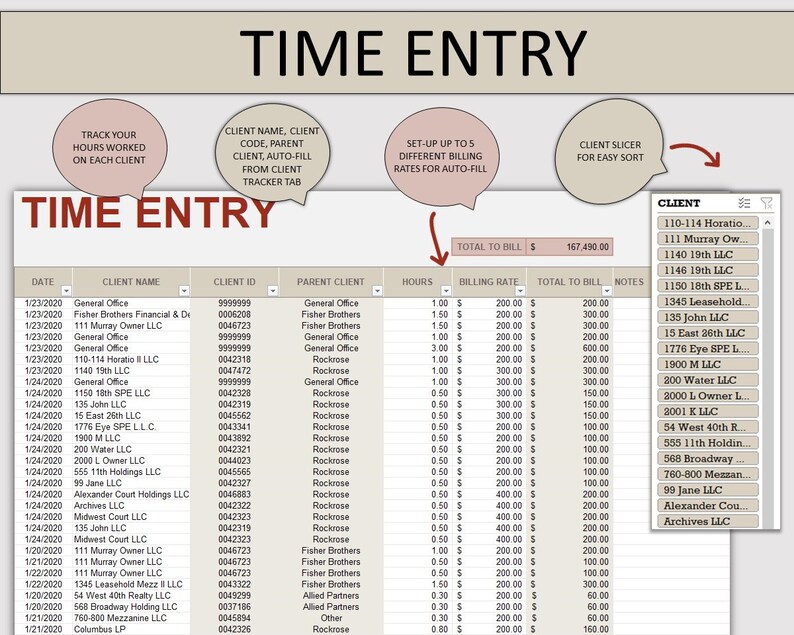 Billable Hour Tracker Excel Client Time Spreadsheet Rate Calculator for ...