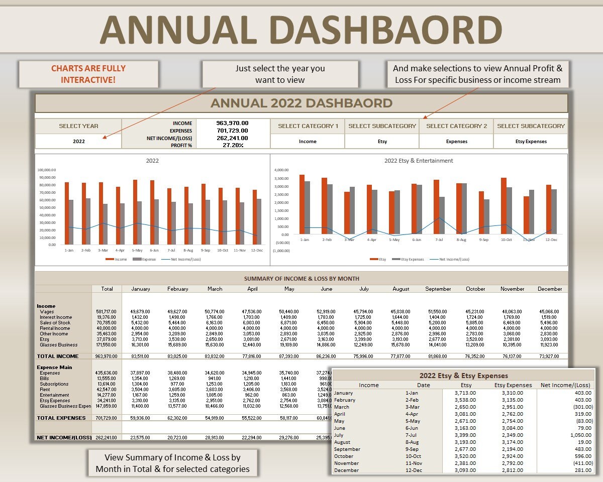 Income, Expense & Analytics Excel Spreadsheet, Personal Business Net ...