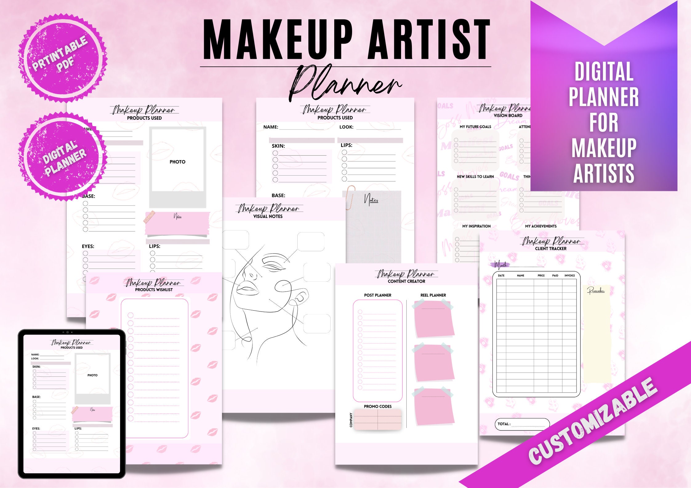 Makeup Artist Planner Template - Looks, Products, Notes, Wishlist ...