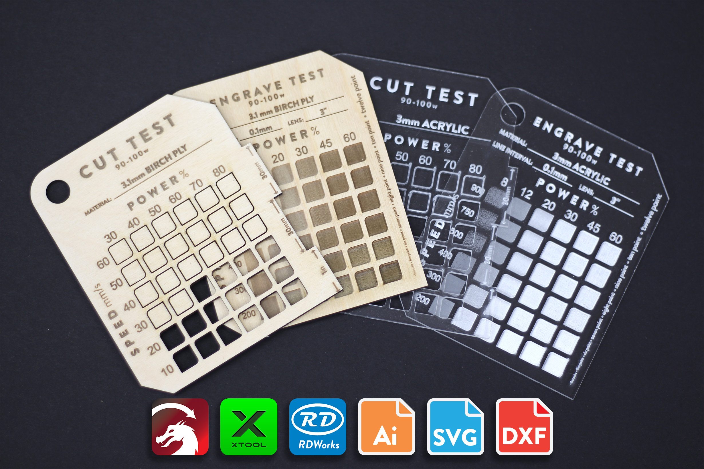 Cartes de test de découpe et de gravure laser, versions pour lasers 5 W ...