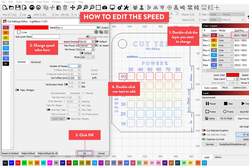 Laser Cutting & Engraving Test Cards, Versions for 5w, 10w, 20w, 40w ...