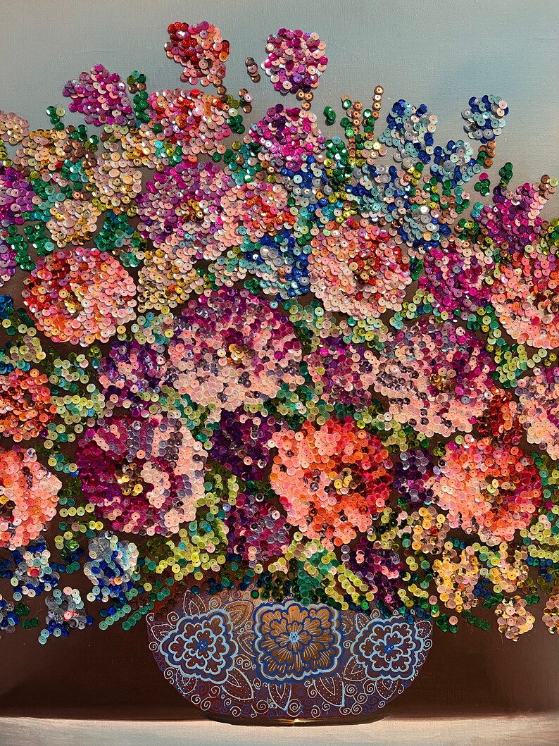 Bright Blooms - Sequin Art / Maximalist Art / Bold Wall Decor / Floral ...