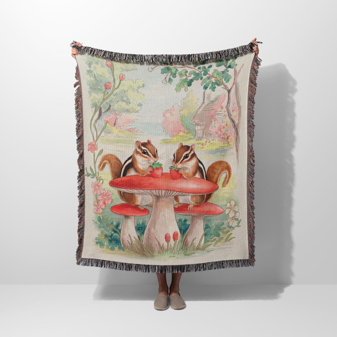 Chipmunks Eating Strawberries Woven Throw Blanket, Cottagecore Decor ...