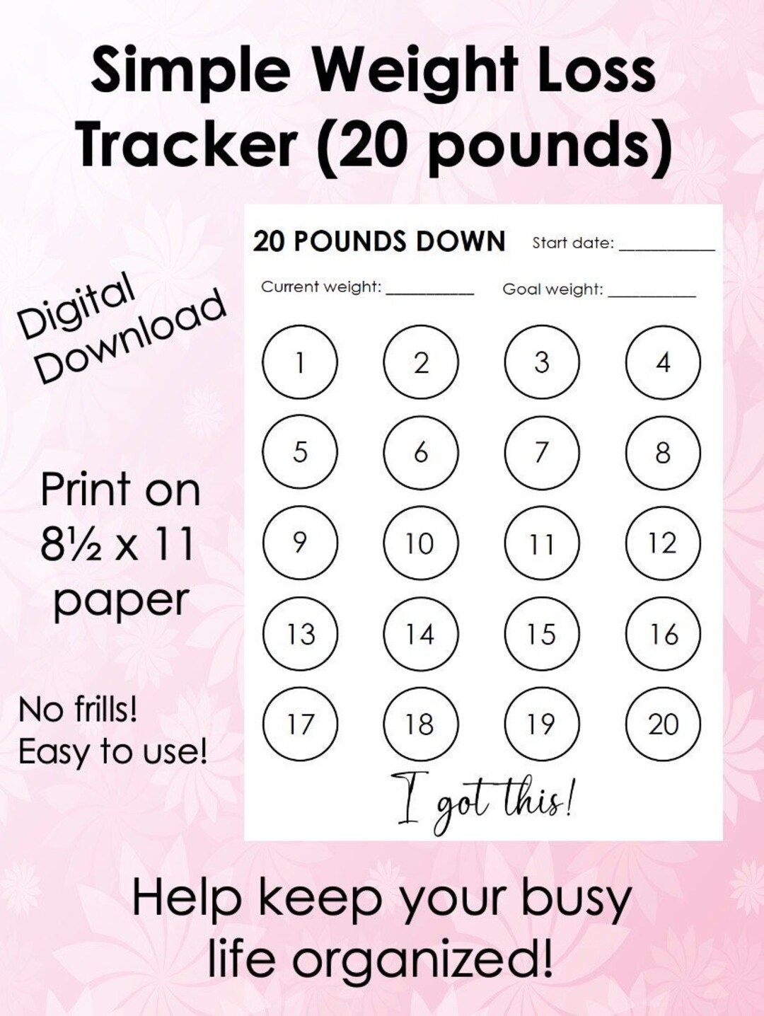 Simple Weight Loss Tracker- 20 Pounds, PDF, Instant Download - Etsy