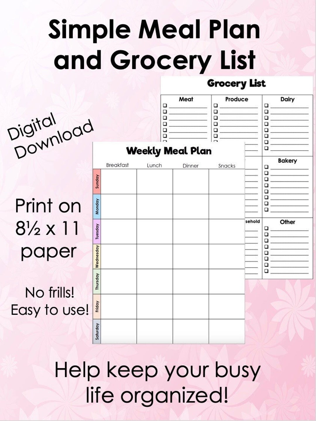 Simple Meal Plan and Grocery List- PDF, Instant Download - Etsy