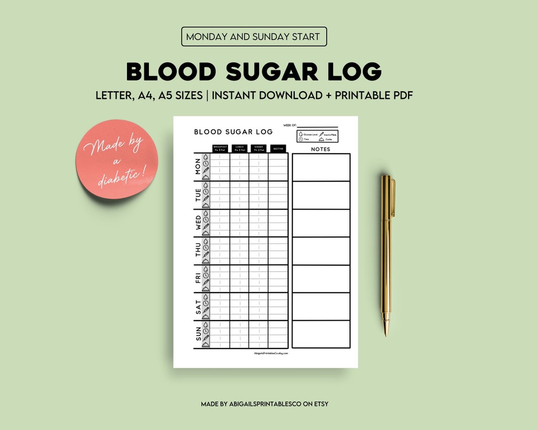 Weekly Blood Sugar Log Printable, Glucose Tracker, Diabetic Log Tracker ...
