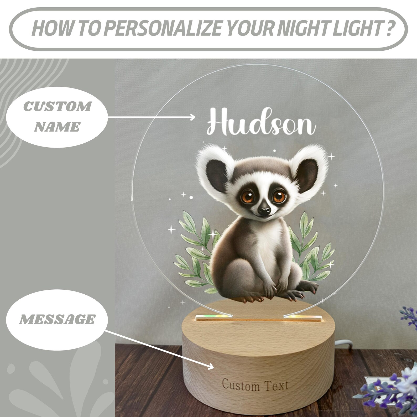 Custom Lemur Night Light: Personalized Kids Bedroom Decor, a Thoughtful ...