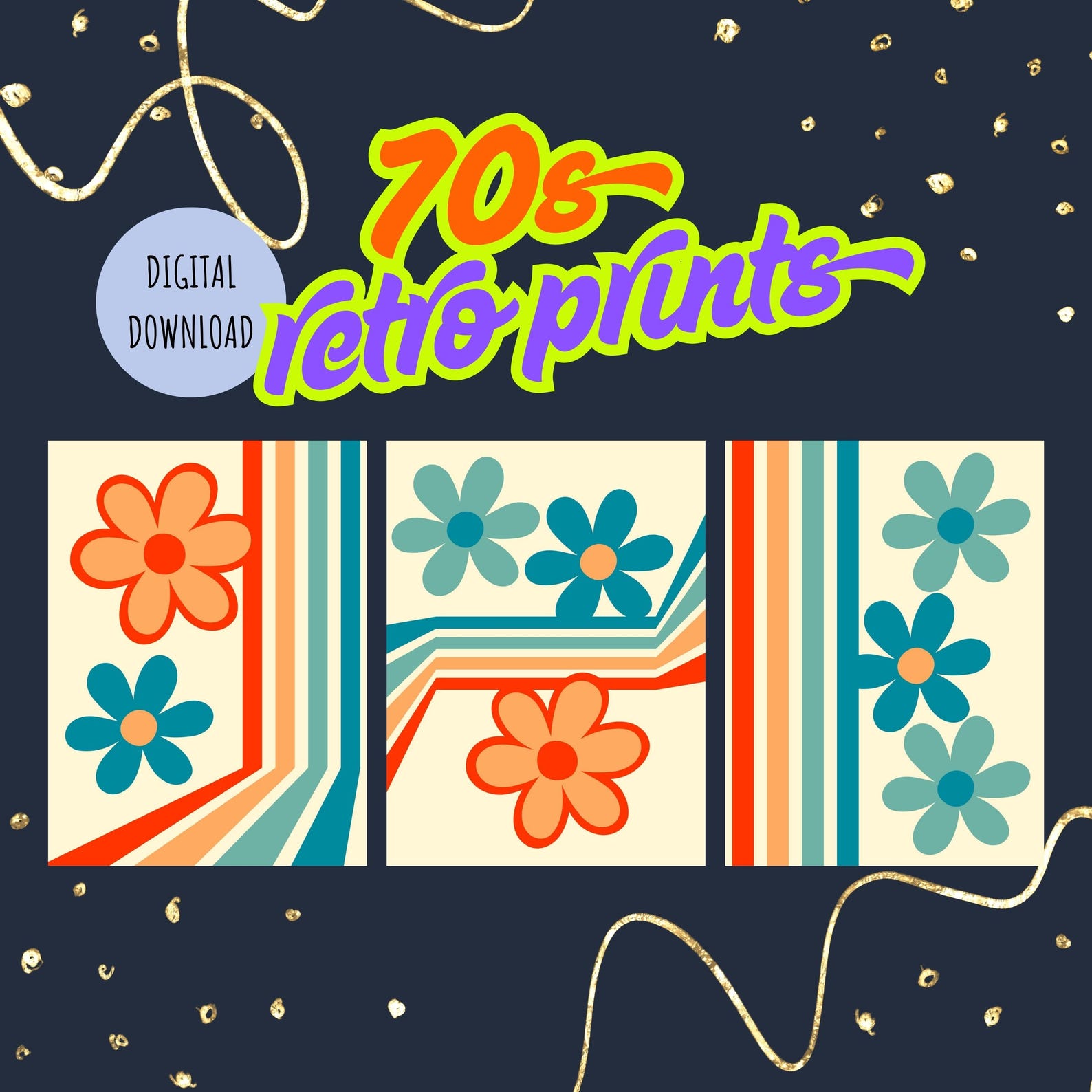 70s Retro Digital Prints, Set of 3 70s Wall Art, 70s Decor, Retro Wall ...