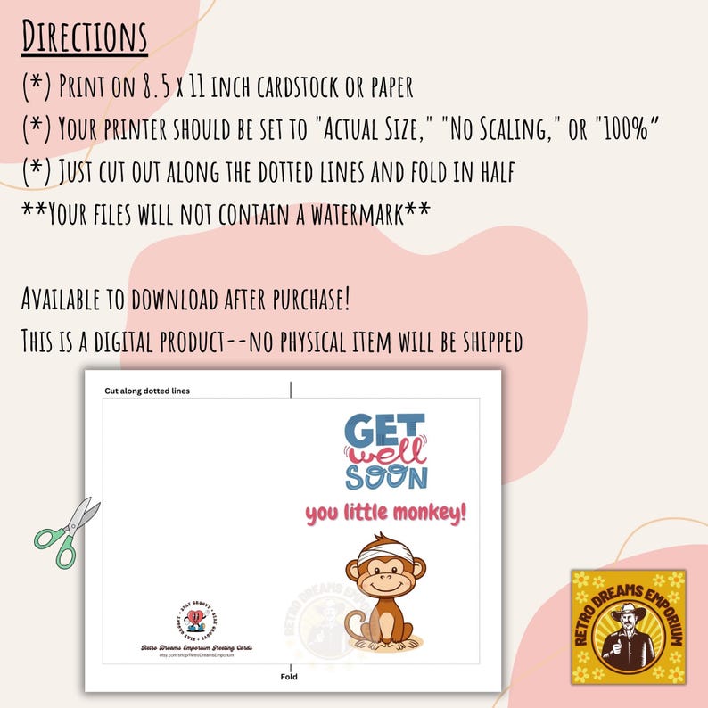 Kids Get Well Soon Card, Cute Monkey Printable Gift, Children's Feel ...