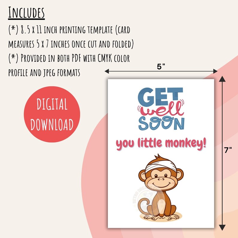 Kids Get Well Soon Card, Cute Monkey Printable Card, Children's Feel ...