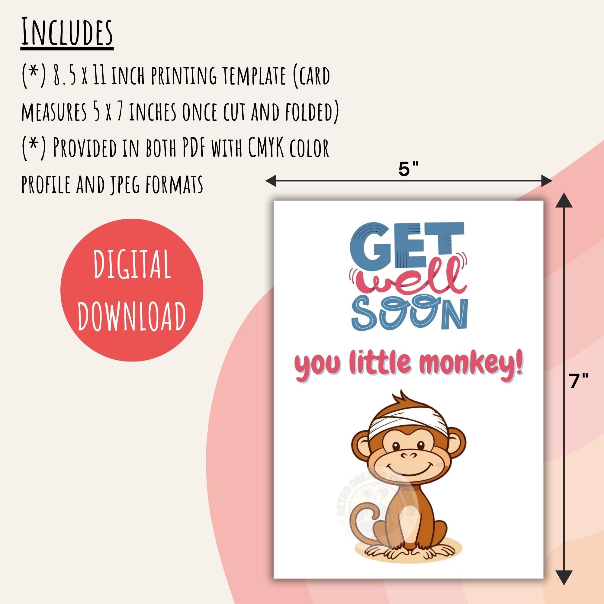 Kids Get Well Soon Card, Cute Monkey Printable Gift, Children's Feel ...