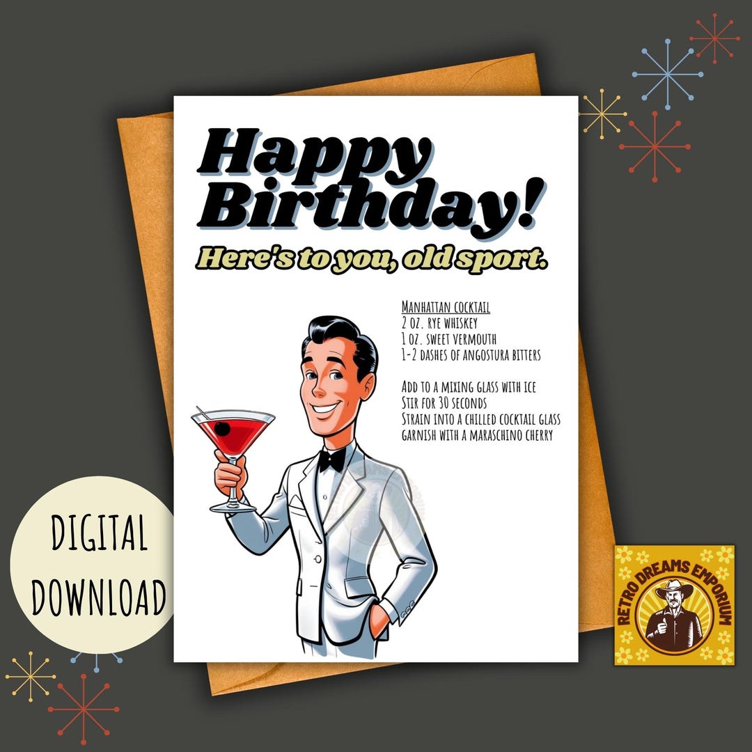 Retro Cocktail Birthday Card, Manhattan Recipe Card Printable, Vintage ...