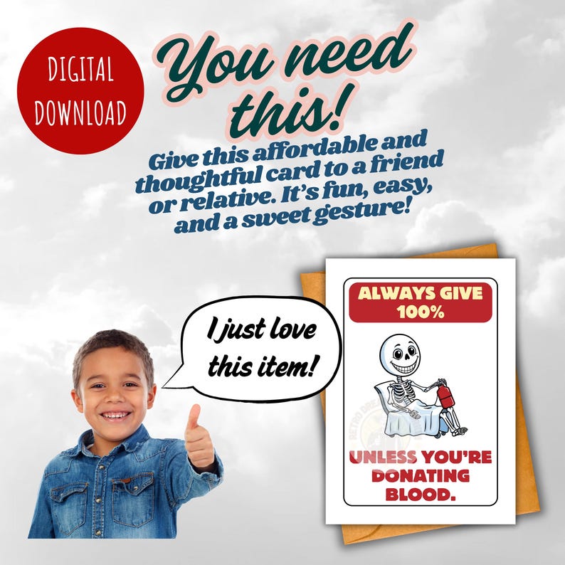 Funny Blood Donation Card | Printable Digital Download | Skeleton Humor ...