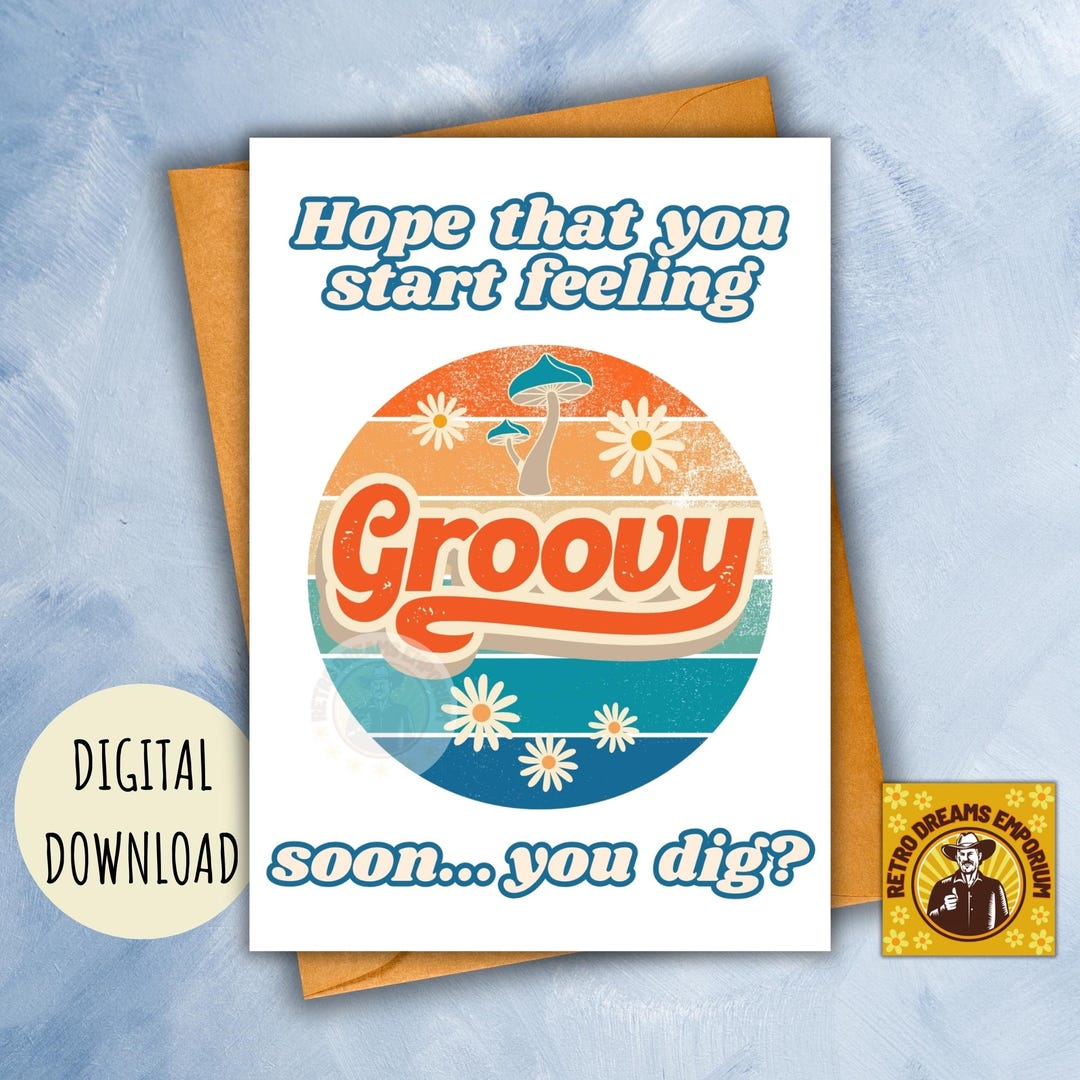 Retro Get Well Card, 70s Hippie Style, Printable Groovy Sun Recovery ...