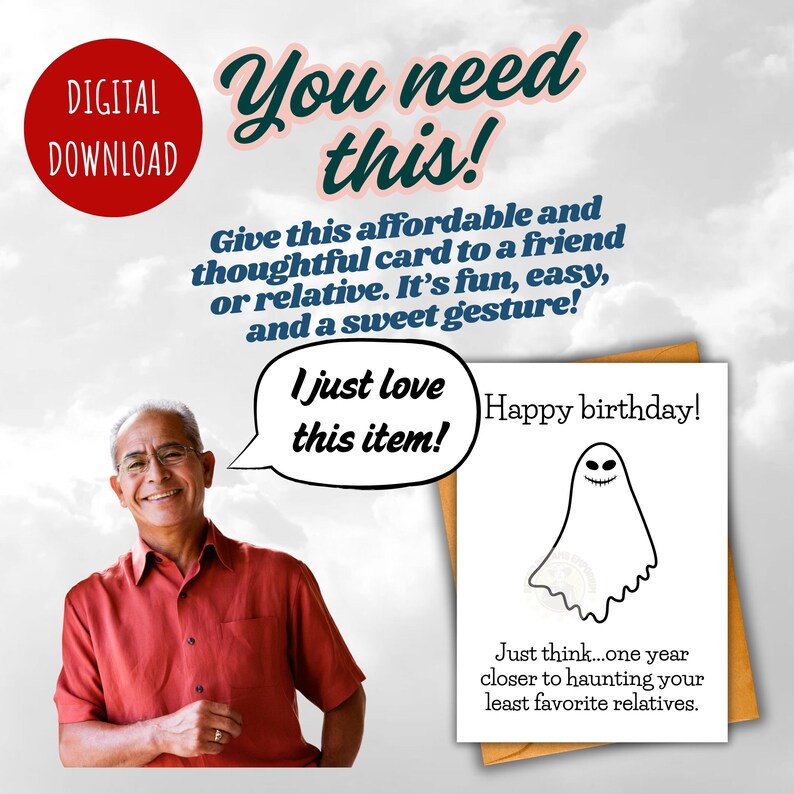 Gallows Humor Ghost Birthday Card | Sarcastic Gothic Printable (PDF ...