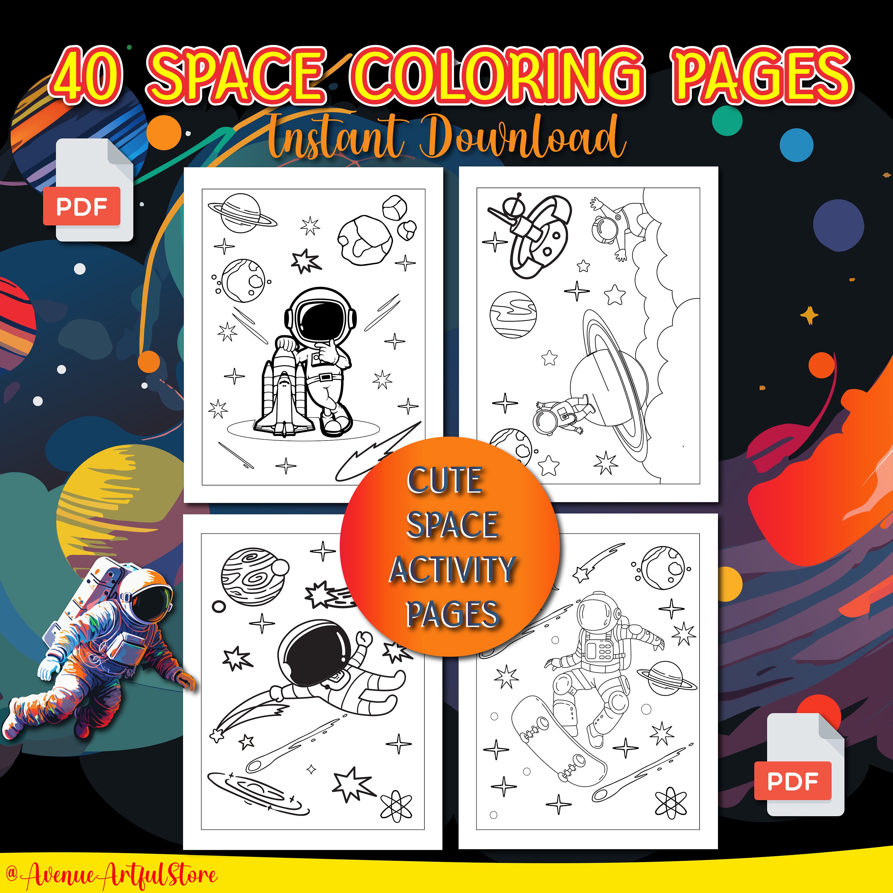 40 Space Coloring Pages Bundle, Outer Space, Rockets, Planets, Stars ...