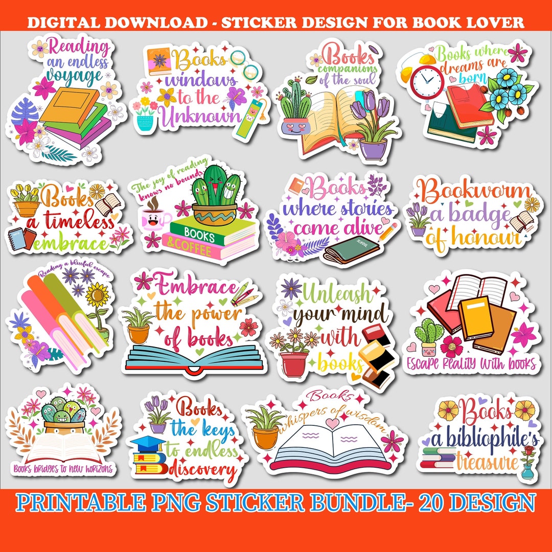 Book Lover PNG Stickers Bundle Printable, Reading Quotes and Graphics ...
