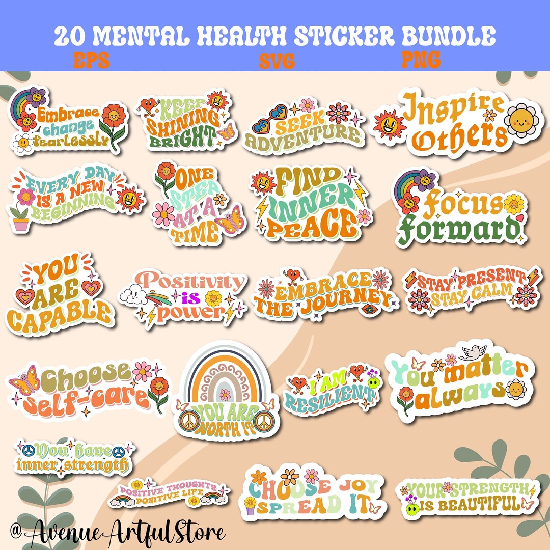 Groovy Retro Mental Health Svg Eps Png Bundle, Motivational Quotes ...
