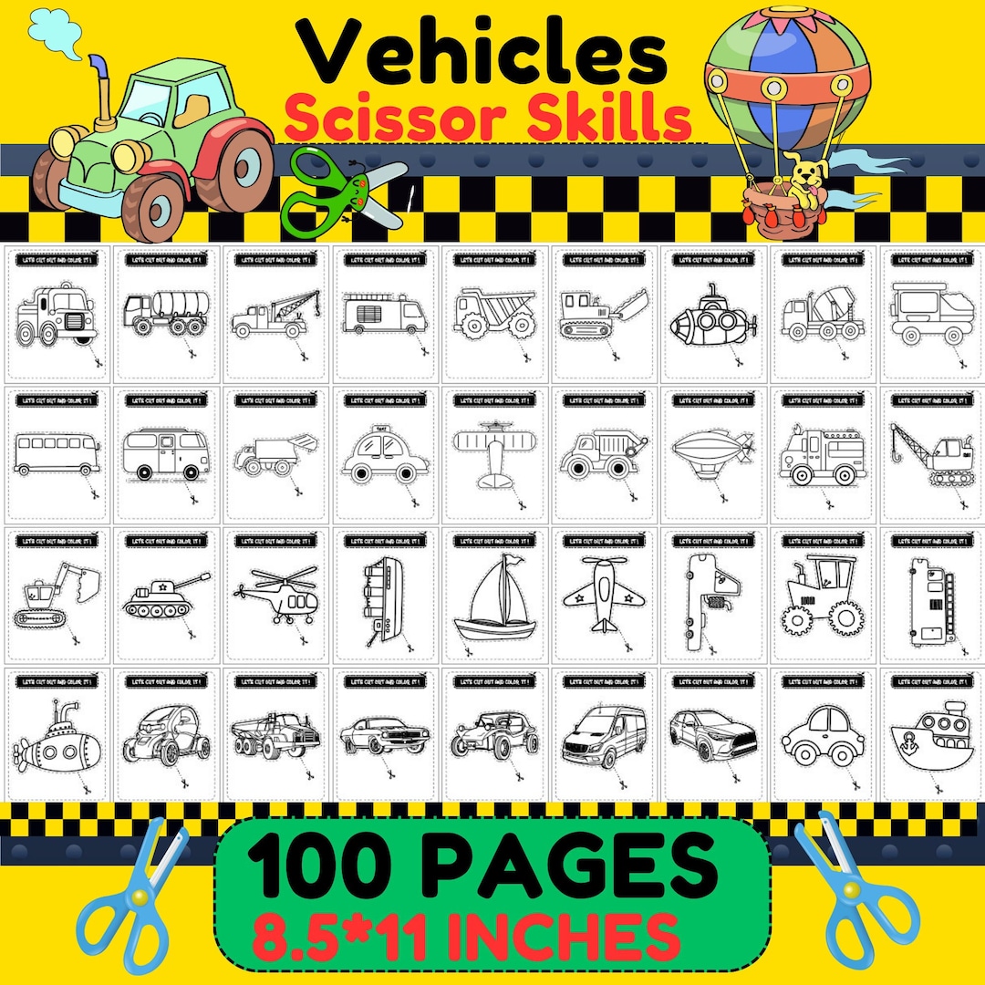 Vehicles Scissor Skills Printable, Preschool Workbook, Cutting Practice ...