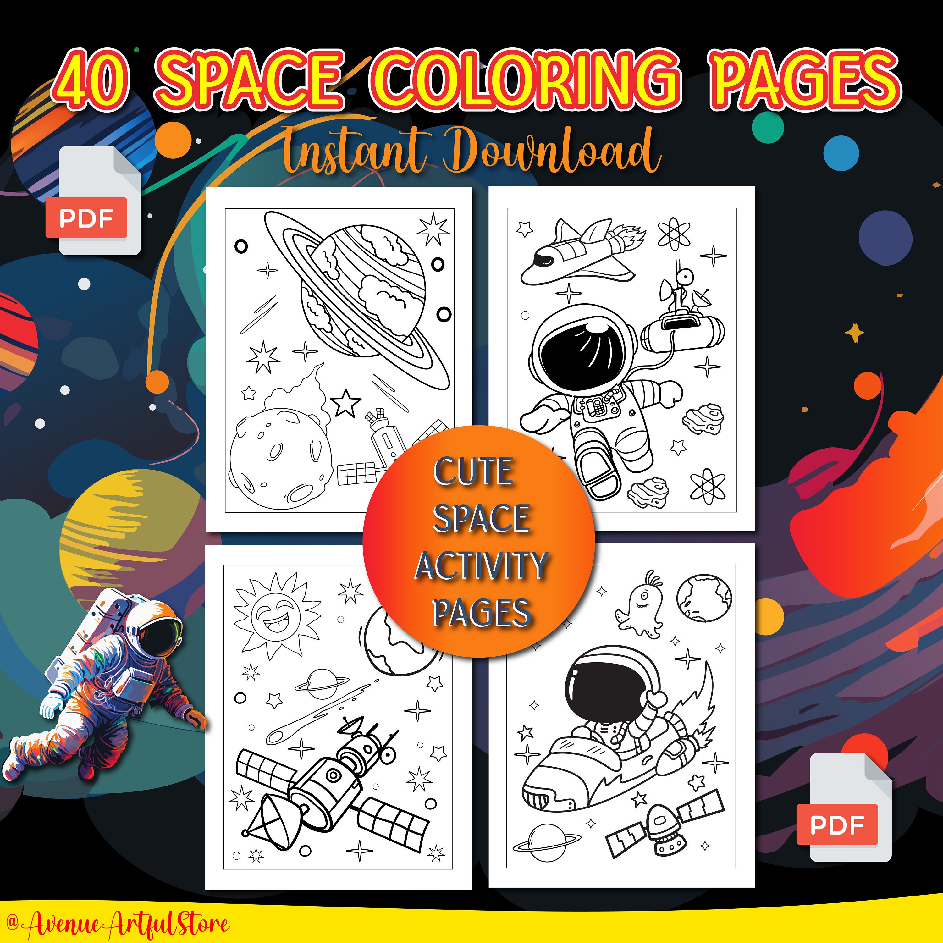 40 Space Coloring Pages Bundle, Outer Space, Rockets, Planets, Stars ...