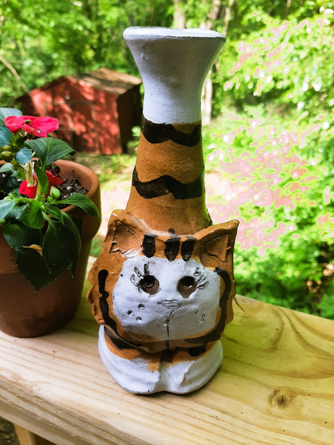 Hand Painted Clay Cat Bud Vase, Heavy Painted Clay Cat Face Vase ...