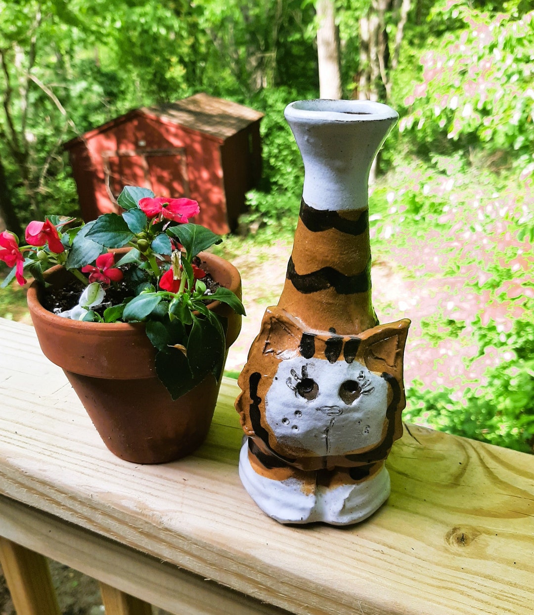 Hand Painted Clay Cat Bud Vase, Heavy Painted Clay Cat Face Vase ...