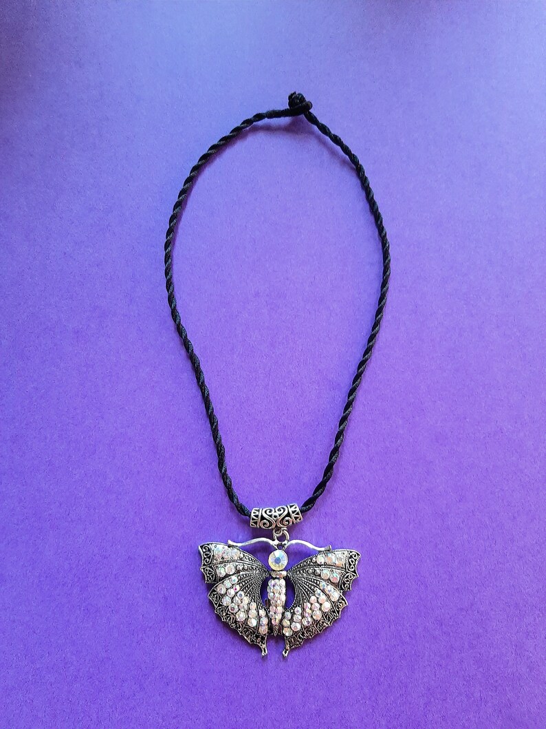 Vintage Large Butterfly Pendant With Aurora Borealis Crystals on Chord ...