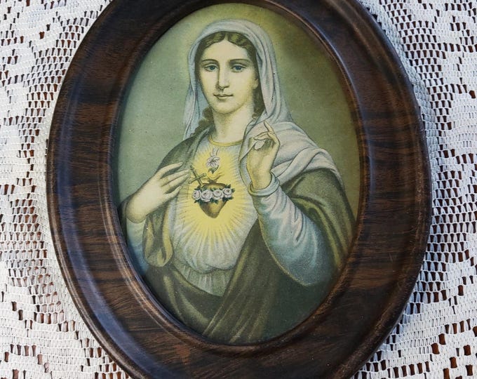 Vintage Sacred Heart of Mary Wall Hanging in Faux Dark Wood Colored ...