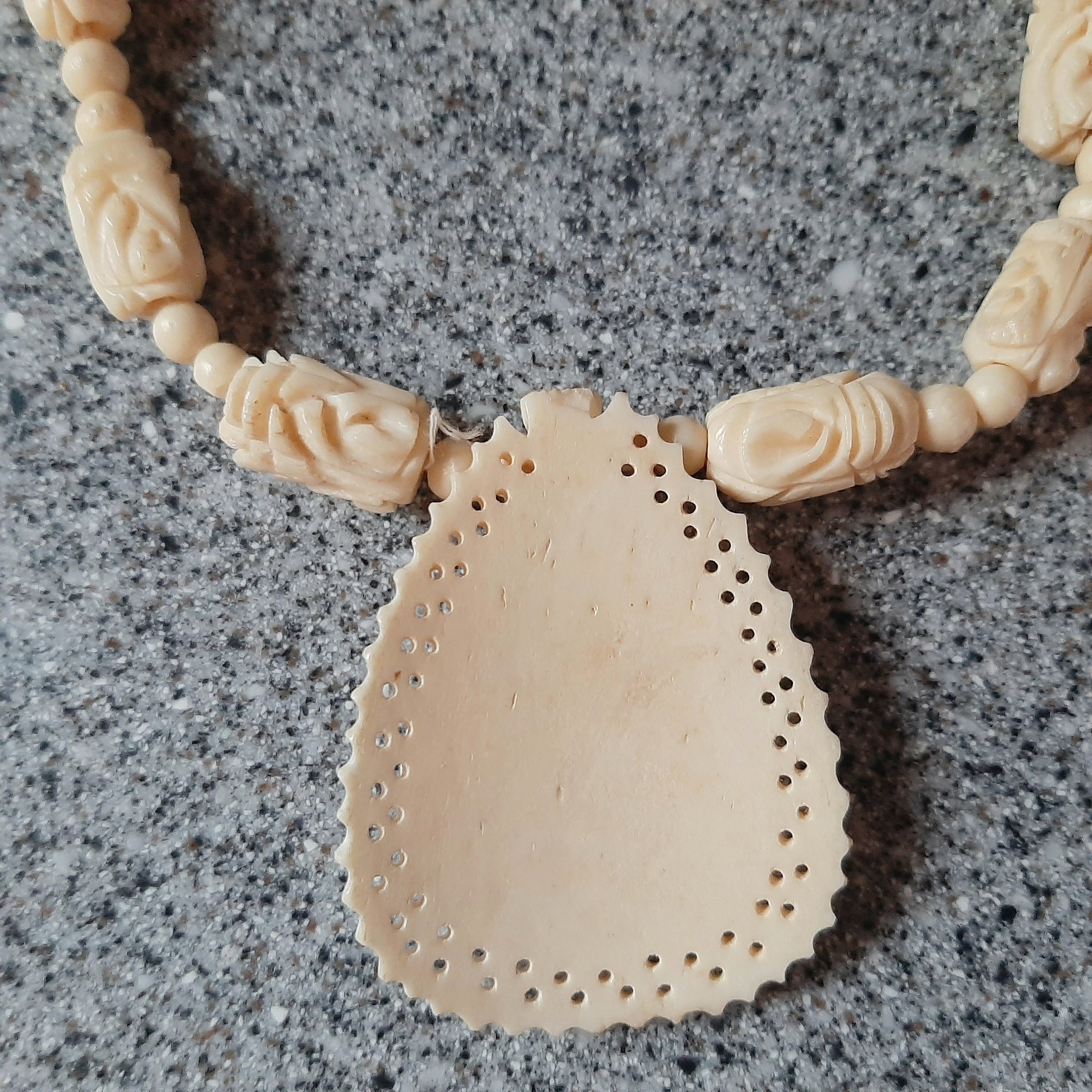 Antique Carved Bone Beaded Necklace With Floral Pendant, Vintage ...