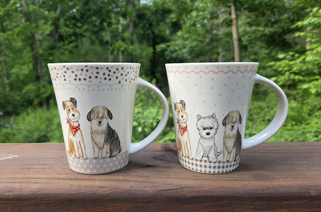 Vintage Casa Signal Dog Coffee Mug Set: Gingham & Polka Dot Porcelain ...